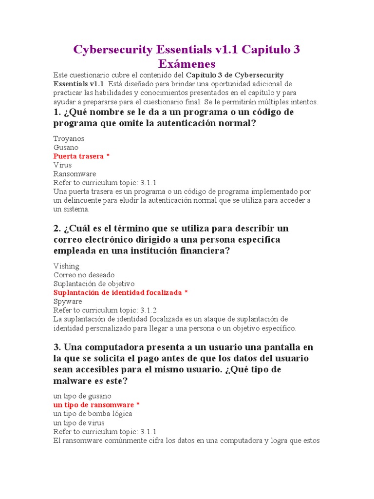 Cybersecurity Essentials v1 Exa cp3 | PDF | Malware | Virus de computadora