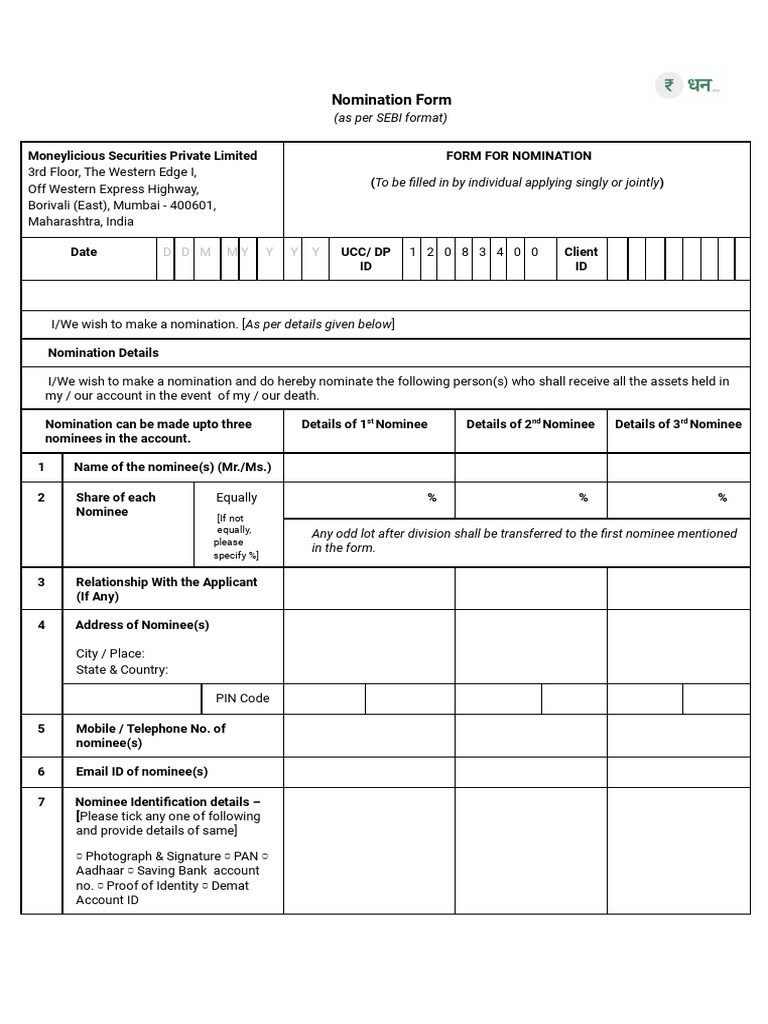 Dhan Nomination Form 1688961042813696 | PDF | Identity Document ...