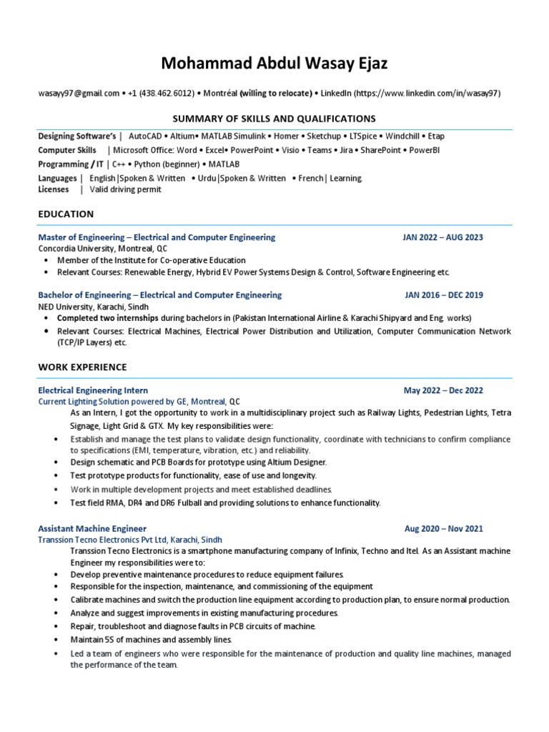 Resume Mohammad Abdul Wasay Ejaz | PDF | Power Inverter | Electrical Engineering