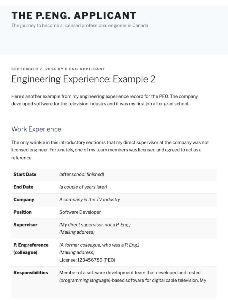 Engineering Experience - Example 2 - The P.Eng. Applicant | PDF ...