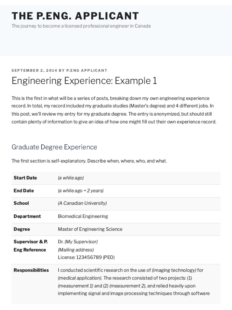 Engineering Experience - Example 1 - The P.Eng. Applicant | PDF ...