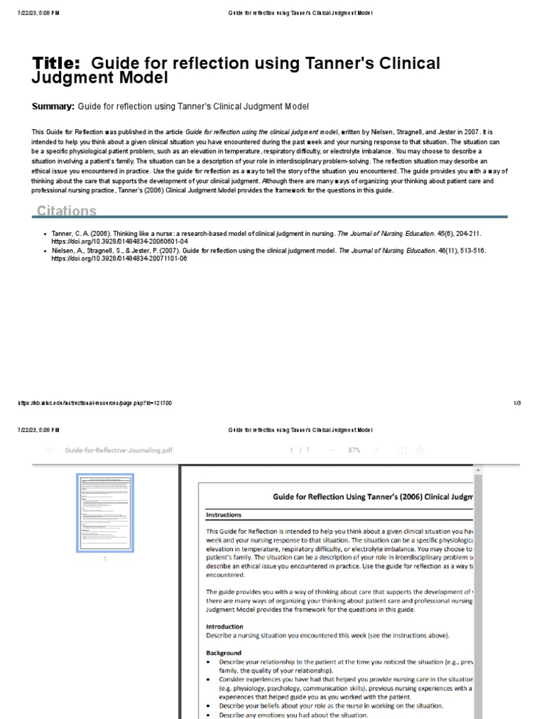 Guide For Reflection Using Tanner's Clinical Judgment Model | PDF ...