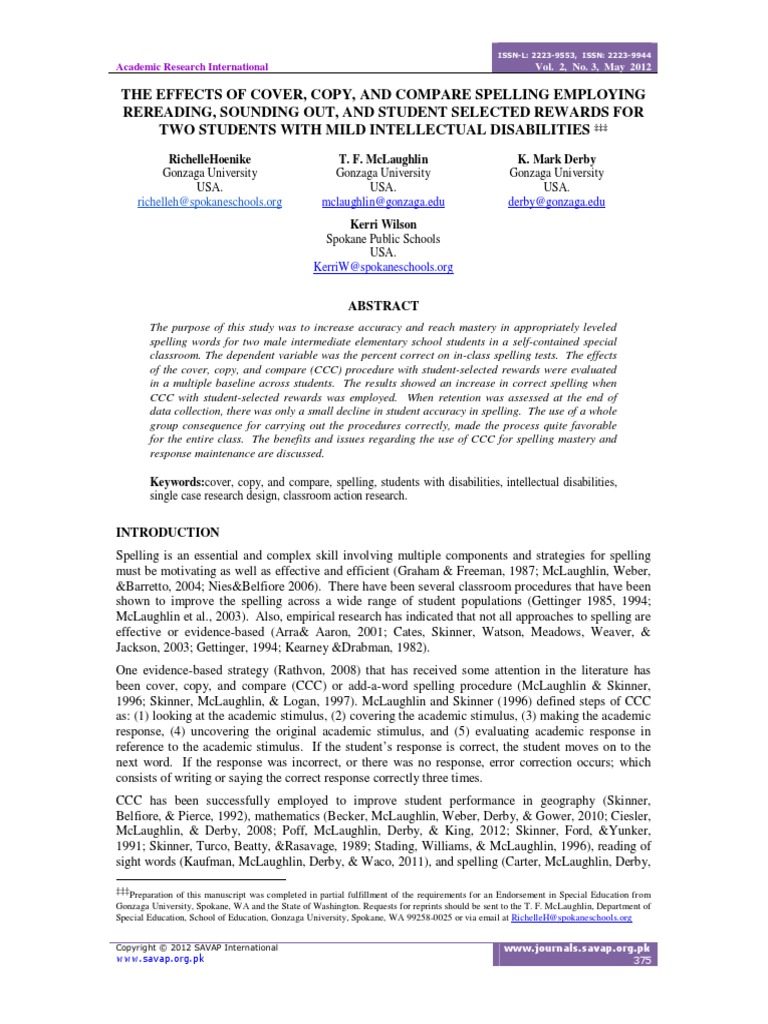 Effects of Cover, Copy and Compare | PDF | Special Education ...