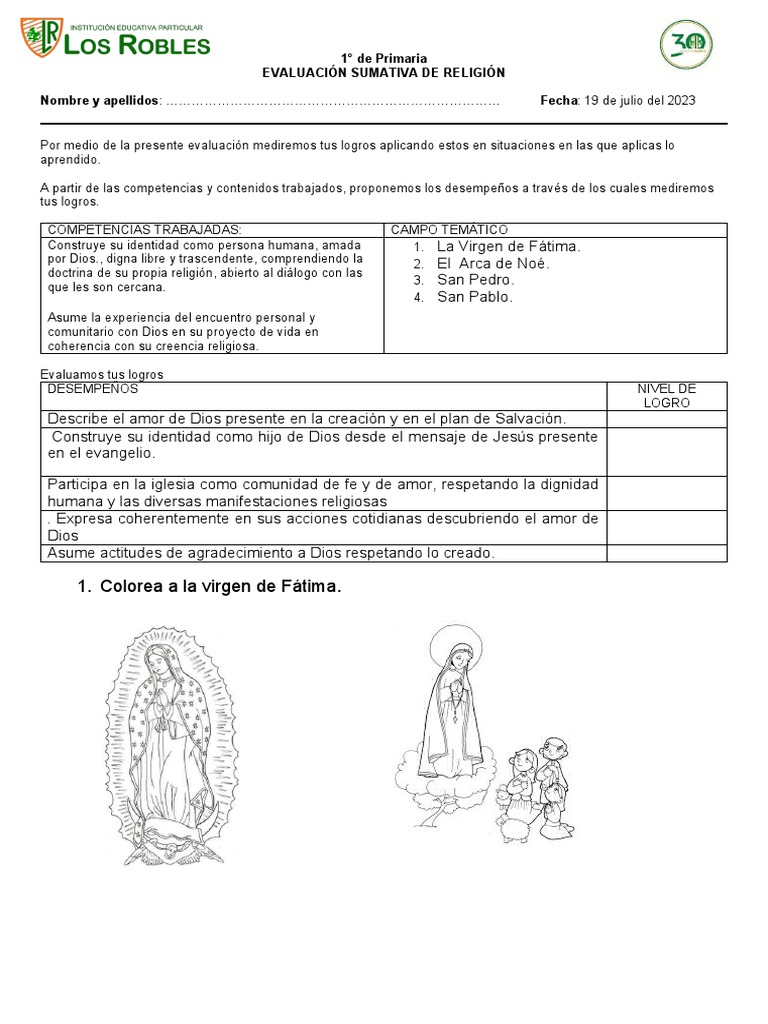 SUMATIVA%20DE%20RELIGI%C3%93N%20-PRIMER%20GRADO | PDF | Dios | María ...