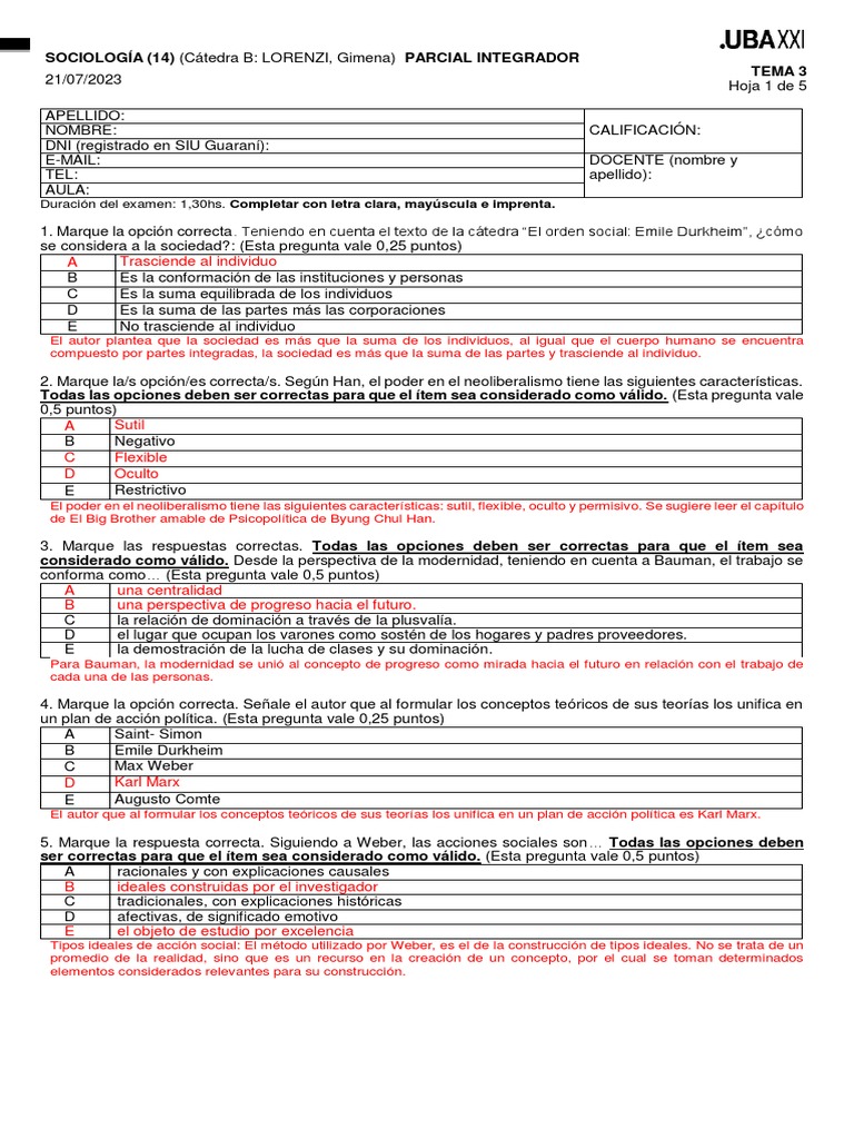 Grilla Corrección Tema 3 Sociología B - PARCIAL INTEGRADOR CII 2023 | PDF | Karl Marx | La ...