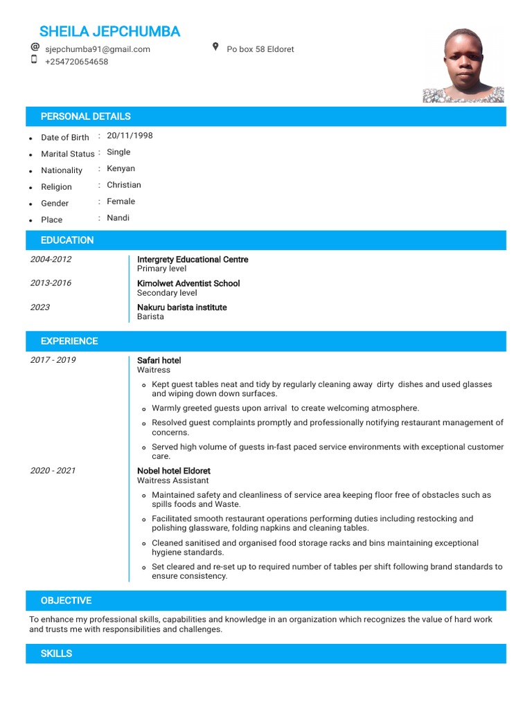 Sheila Jepchumba CV | PDF | Waiting Staff
