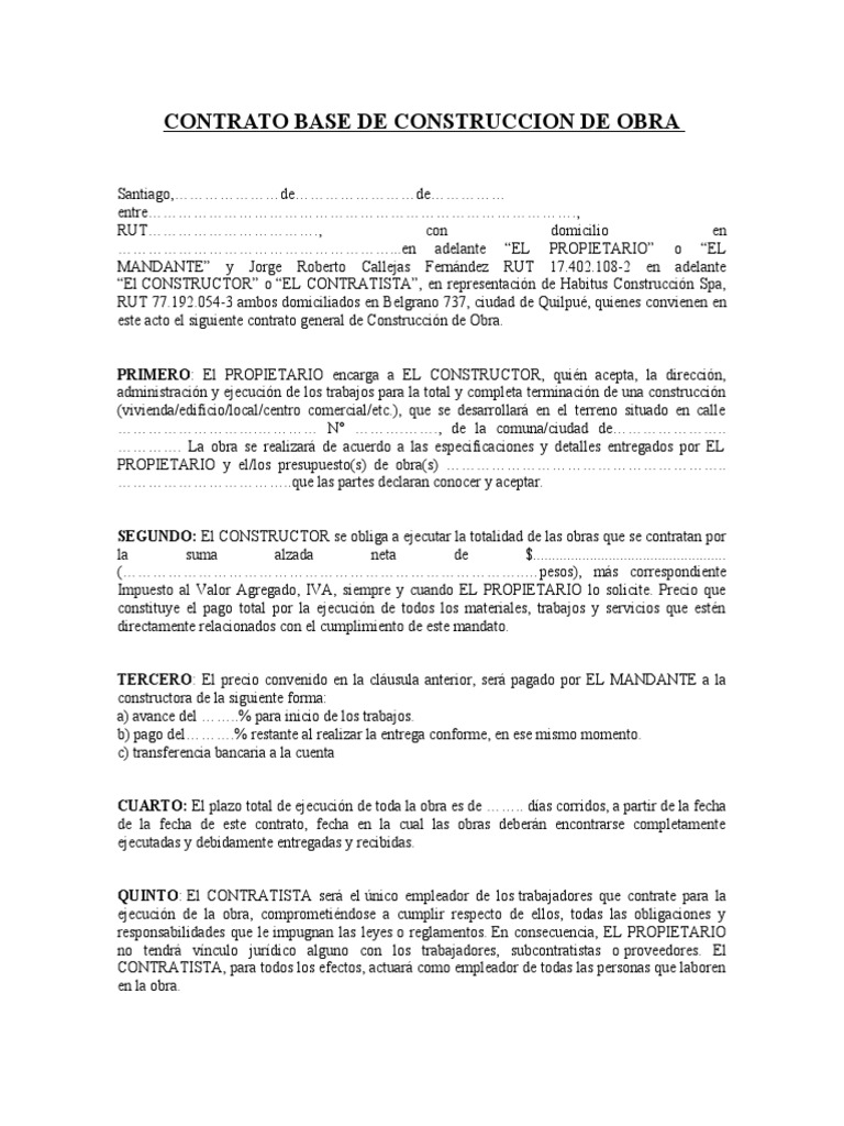 Contrato Base de Construccion de Obra | PDF | Contratista general | Economias