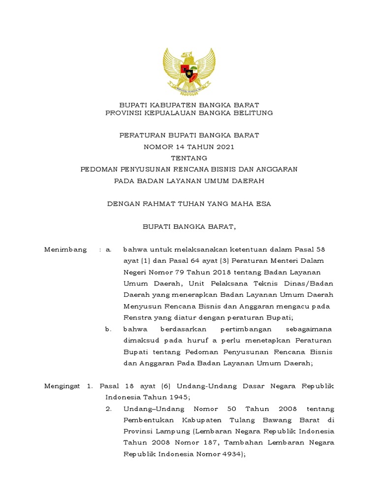 192-Perbup NMR 14 THN 2021 TTG Pedoman Penyusunan Rba Pada Blud | PDF ...