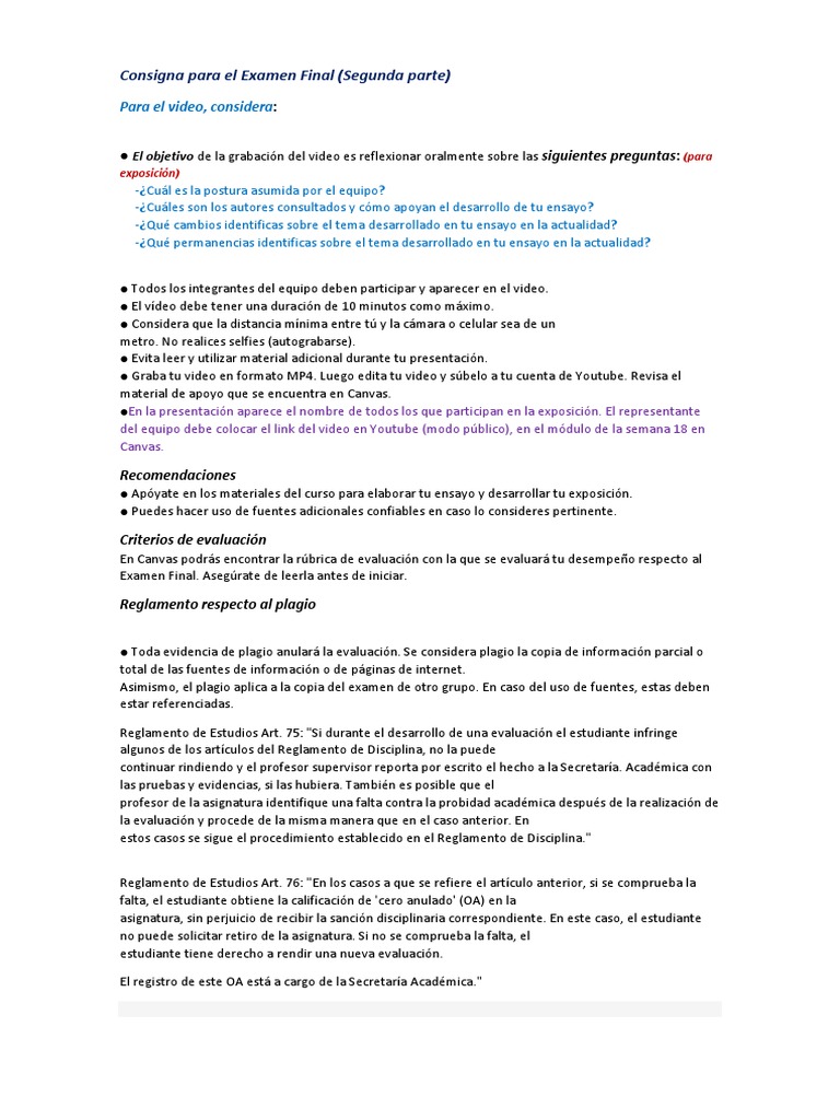 Consigna para Video - Examen Final | PDF | Disciplinas | Evaluación