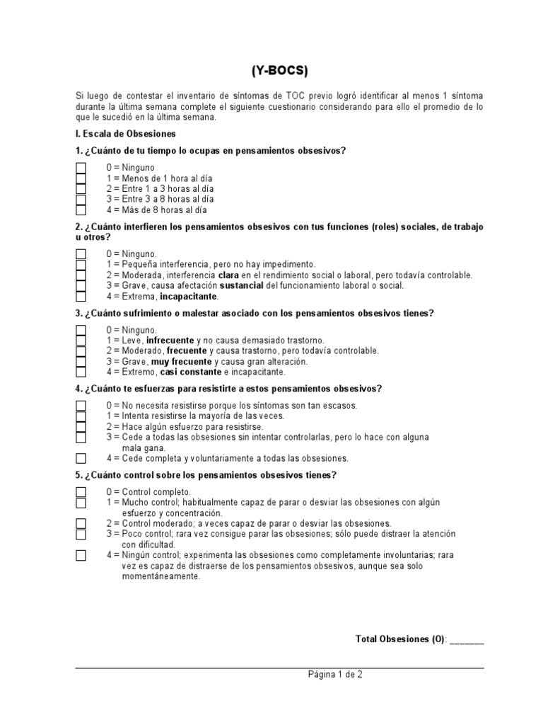 Escala Y-BOCS de TOC | PDF | Ansiedad | Desorden obsesivo compulsivo