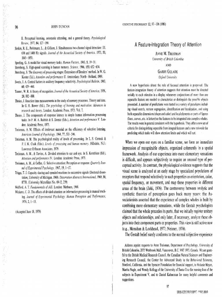 treisman (1980) a feature-integration theory of attention | PDF