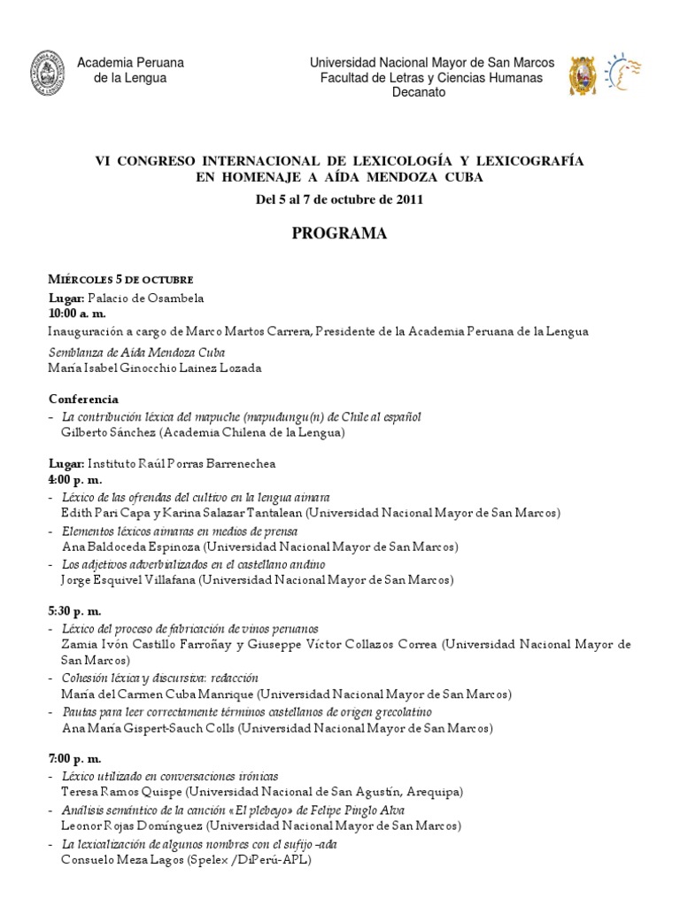 Programa - Vi Congreso Internaciona L de Lexicología y Lexicografía | PDF | Perú | América del Sur