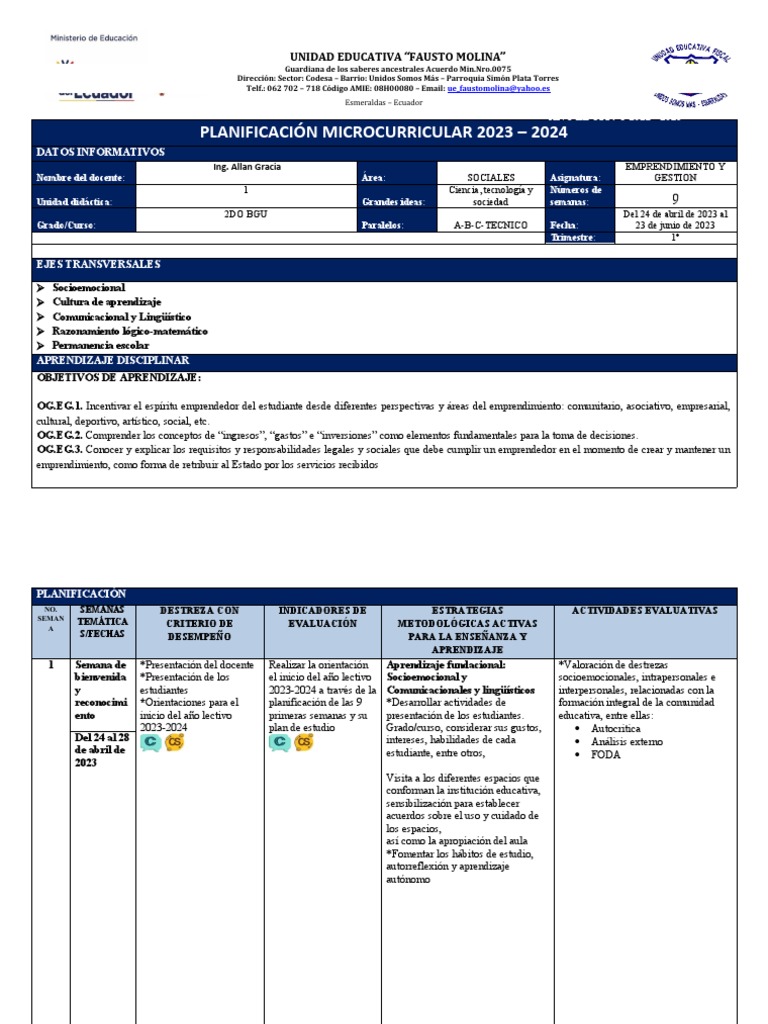 Planificacion 9 Semanas 2do BGU Emprendimiento | PDF | Iniciativa empresarial | Aprendizaje
