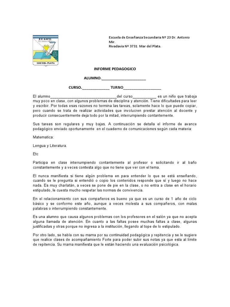 Modelo de Informe Pedagogico | PDF