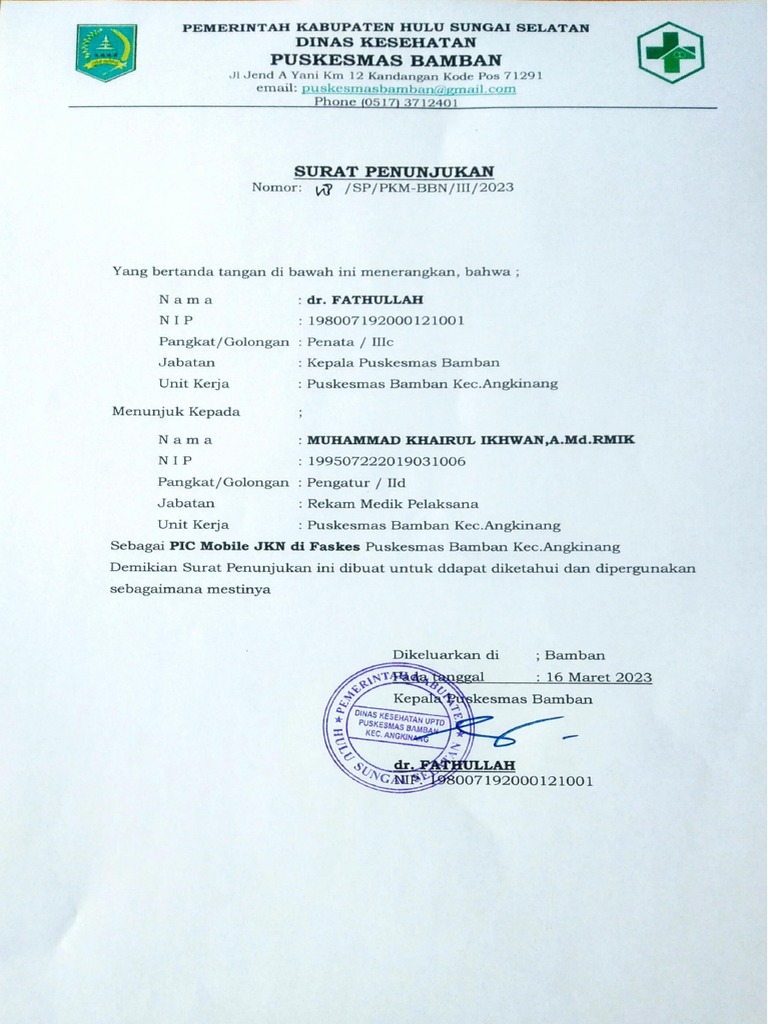 Surat Penunjukan Pic JKN PKM Bamban | PDF
