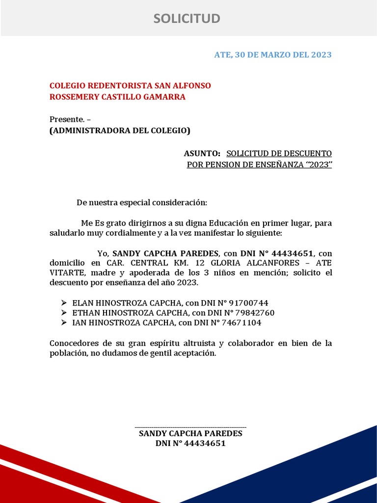 Solicitud Descuento de Colegio | PDF
