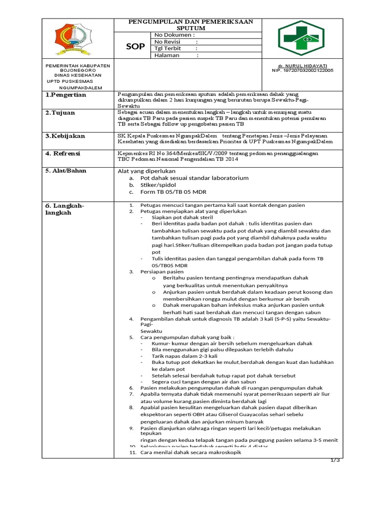 Sop Pengumpulan Dan Pemeriksaan Sputum | PDF