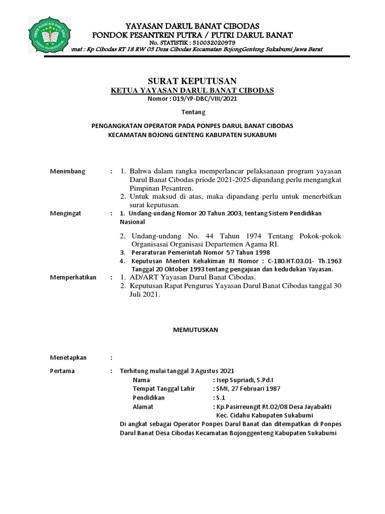 Sk Pengangkatan Operator Pesantren | PDF