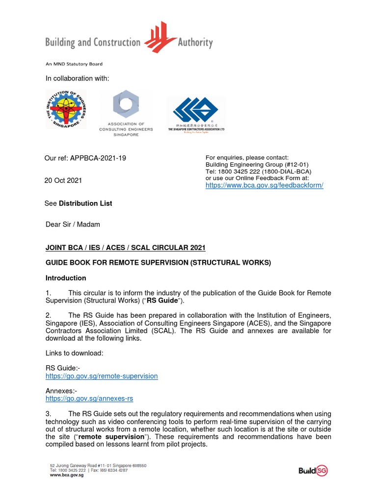 05 - Bca - Circular On Guide Book For Remote Supervision (Structural Works) | PDF | Singapore ...