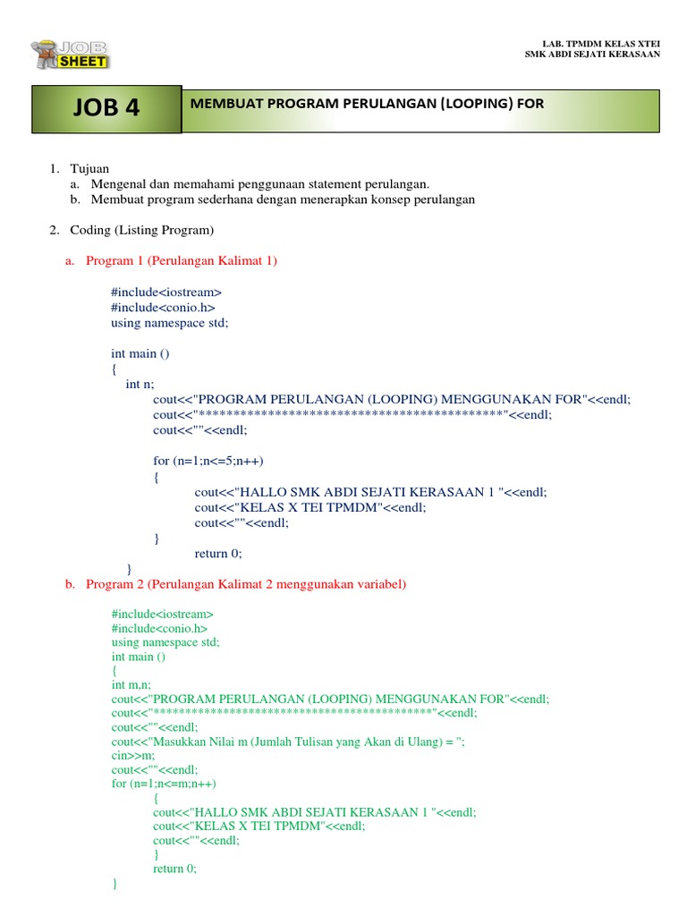 Job Sheet 4 Perulangan (Looping) For | PDF