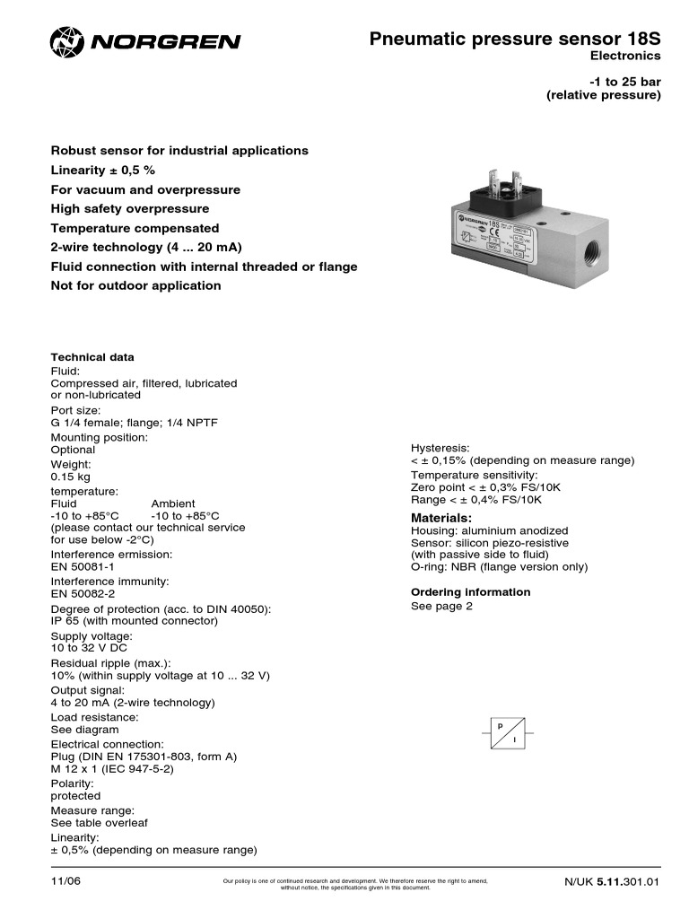NORGREN Pressure Sensor | PDF | Equipment | Physical Sciences