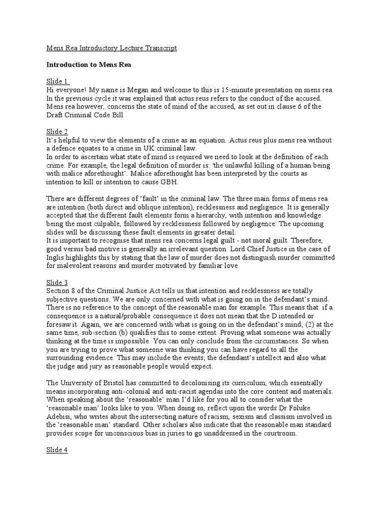 Mens Rea Lecture | Download Free PDF | Mens Rea | Recklessness (Law)