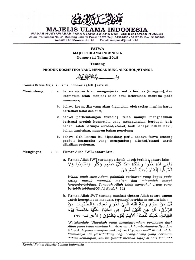 Fatwa MUI No. 11 Tahun 2018 Tentang Produk Kosmetika Mengandung Alkohol | PDF
