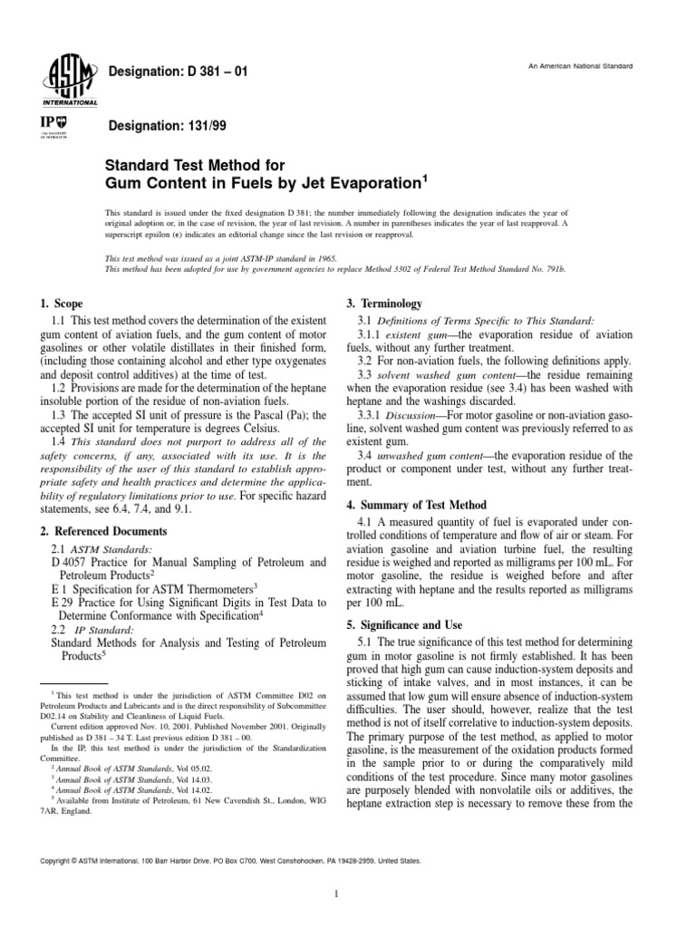Astm D 381 Standard Test Method For Gum Content In Fuels By Jet
