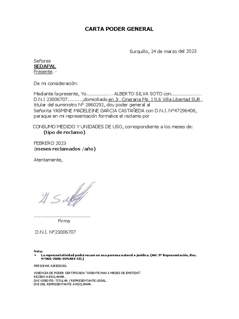 Carta Poder General Sedapal | PDF