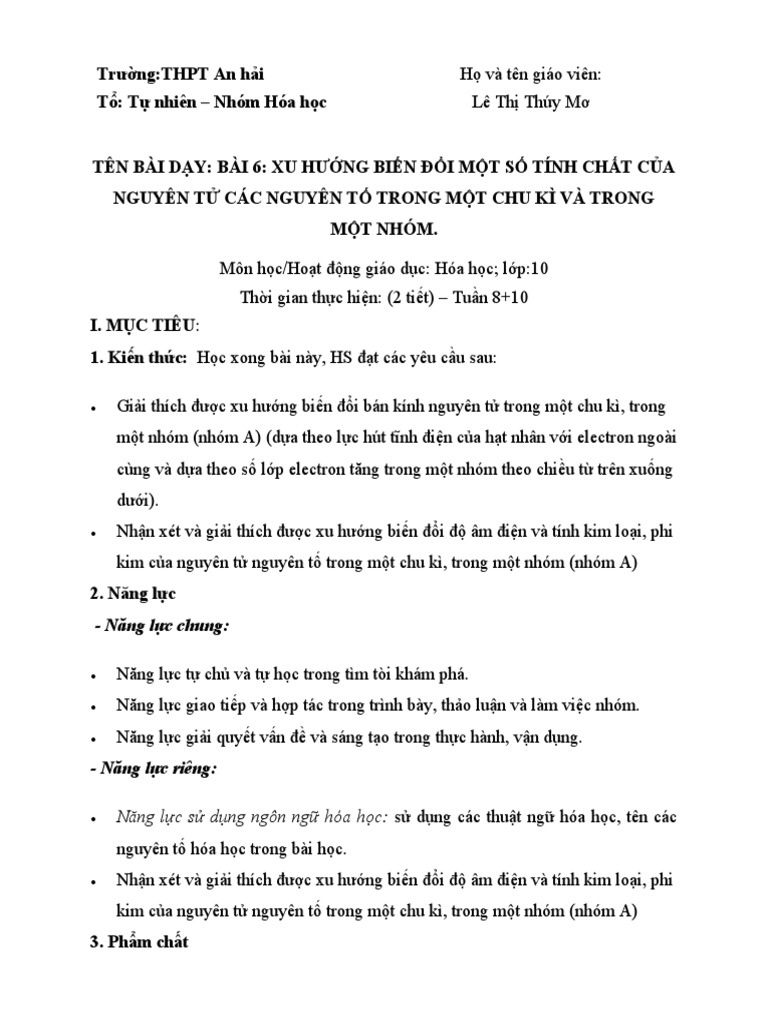K10-2022- BÀI 6 XU HƯỚNG BIẾN ĐỔI MỘT SỐ TÍNH CHẤT CỦA NGUYÊN TỬ CÁC NGUYÊN TỐ TRONG MỘT CHU KÌ ...