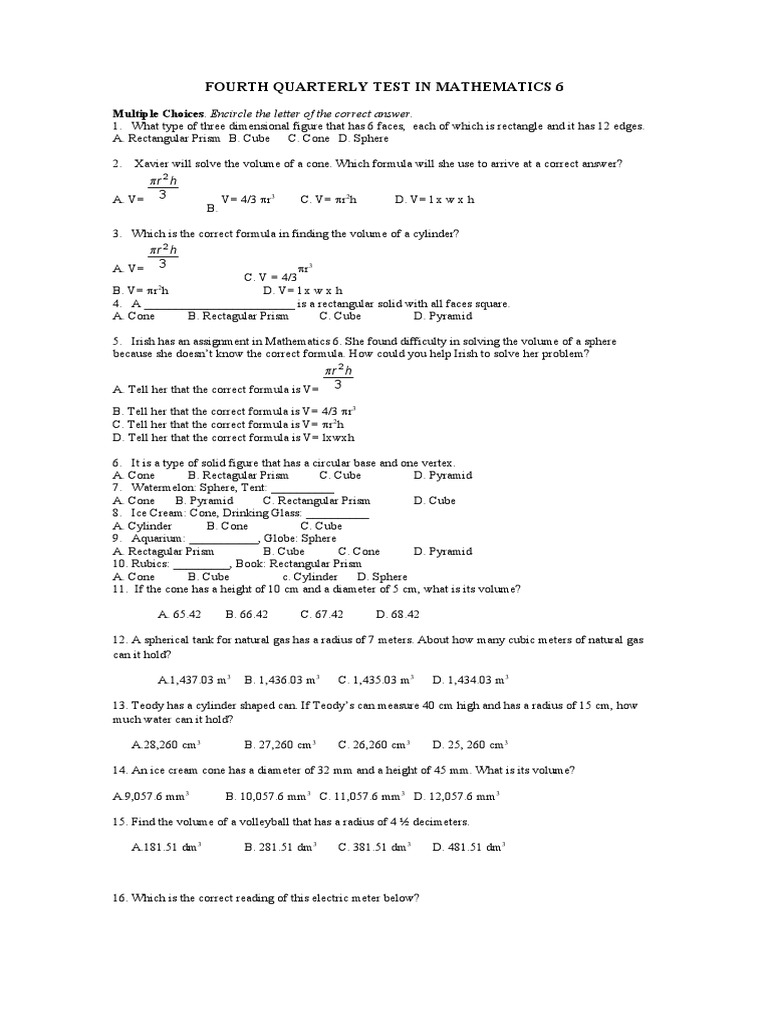 Math 6 Quarterly Test: Volume & Probability | PDF | Rectangle | Volume