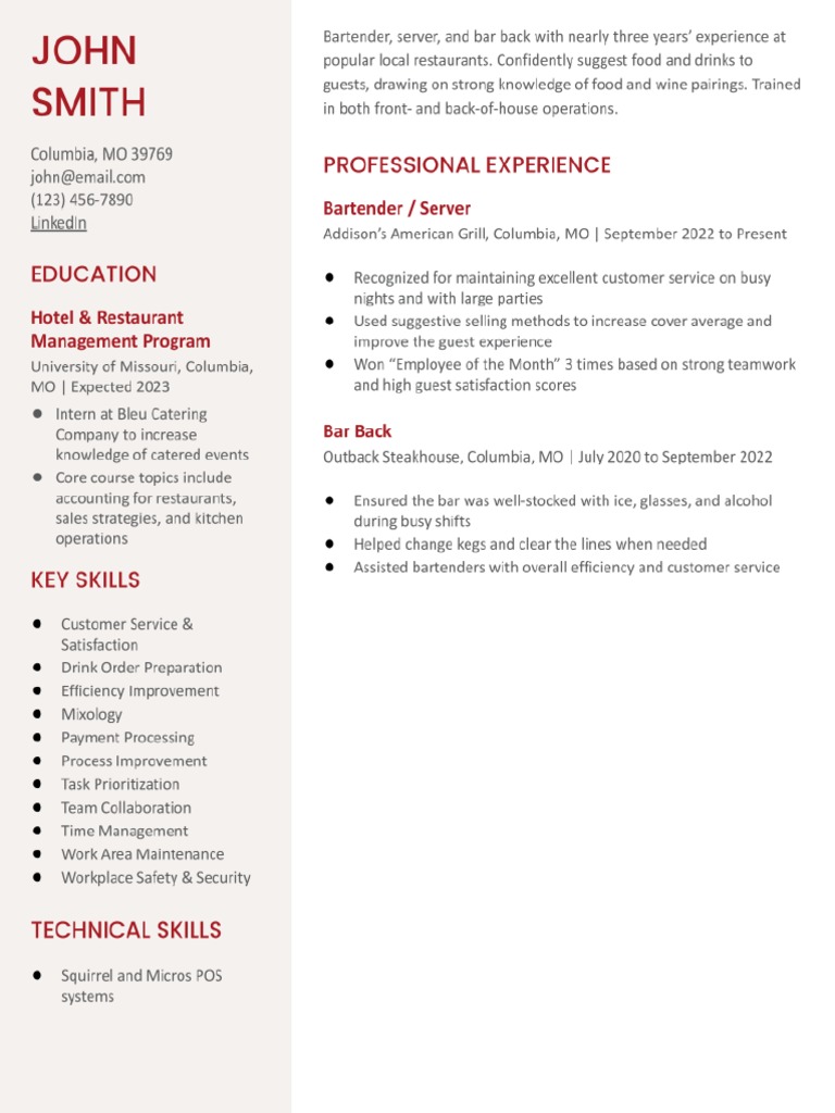 Bartender Entry Level 1 Pdf