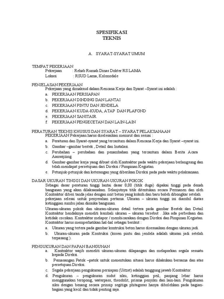 Spesifikasi Teknis Rehab Rumdis Dokter | PDF | Griya & Taman | Teknologi & Rekayasa