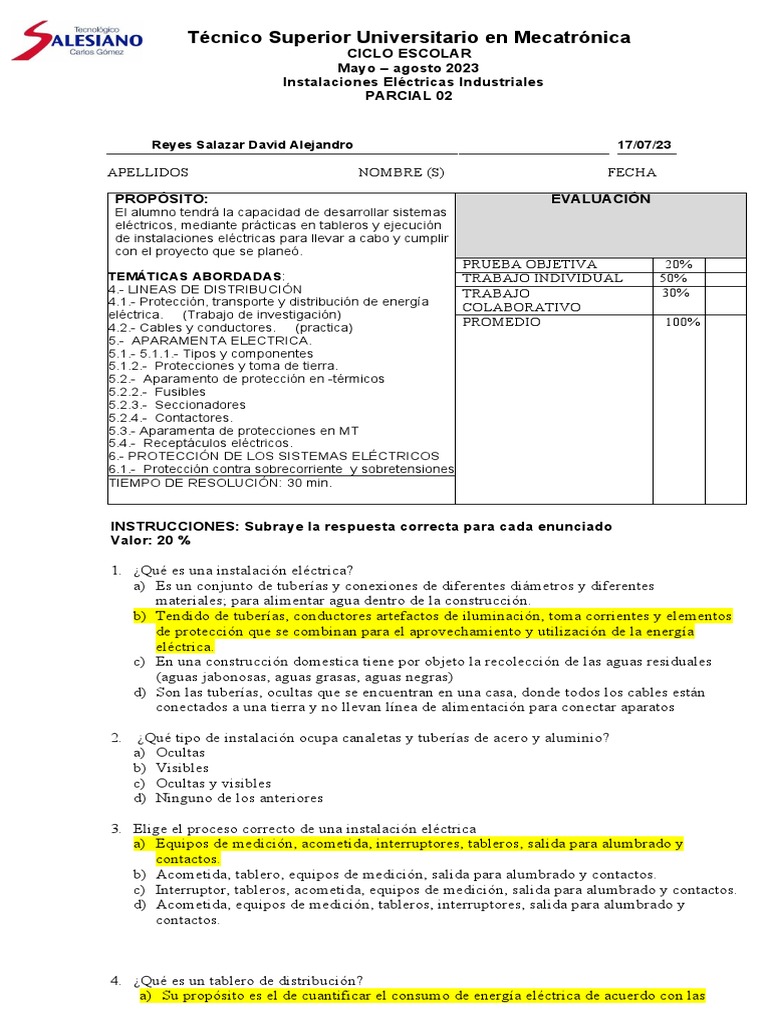 Prueba Objetiva de Inst. Elect. Ind. P2 Aplicar Ma-Ju 2023 | PDF | Ingenieria Eléctrica ...