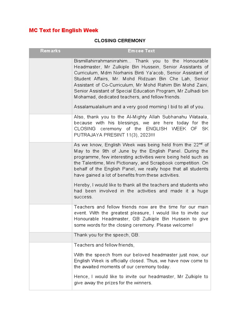 MC Text English Week Closing Ceremony 2023 | PDF | Career & Growth