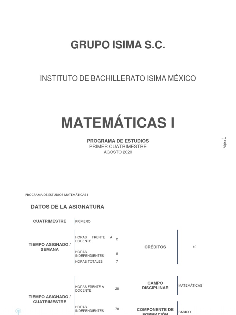 Programa de Estudios Matemáticas I | PDF | Matemáticas | Evaluación
