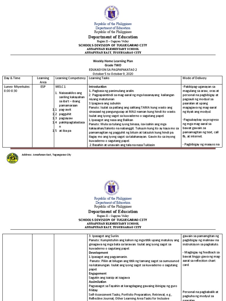Esp 2 - Weekly Learning Plan Week 1 - 4 | PDF