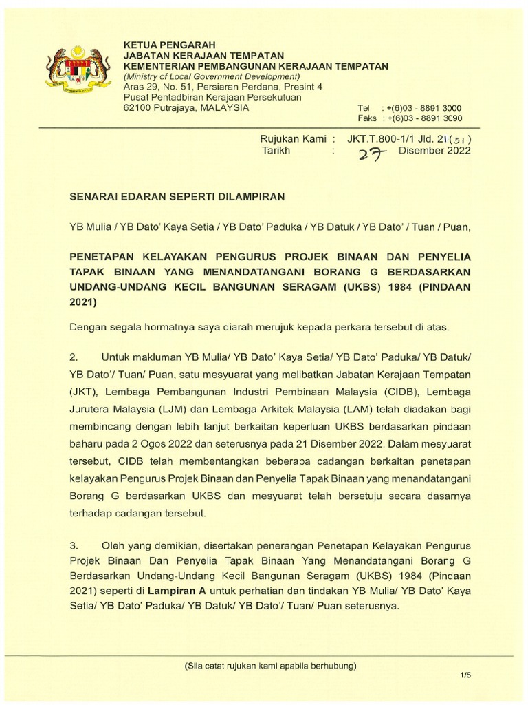 Surat Edaran Pengurus Projek Dan Penyelia Tapak Dalam Ubbl | PDF