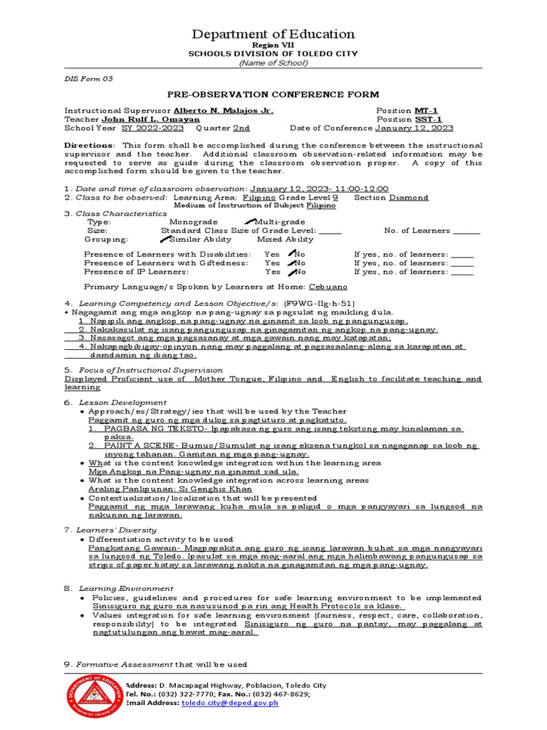Pre-Observation Conference Form for Teachers | PDF | Learning ...