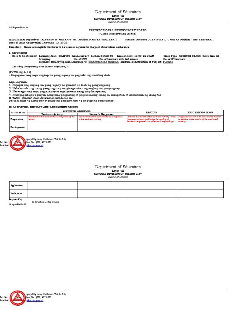 DIS Form 04 Instructional Supervisory Notes OMAYAN JR COT2 | PDF ...