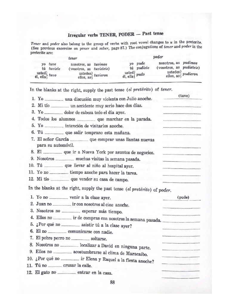 VERBOS TENER, PODER PRETÉRITO INDEFINIDO Pag 88 | PDF