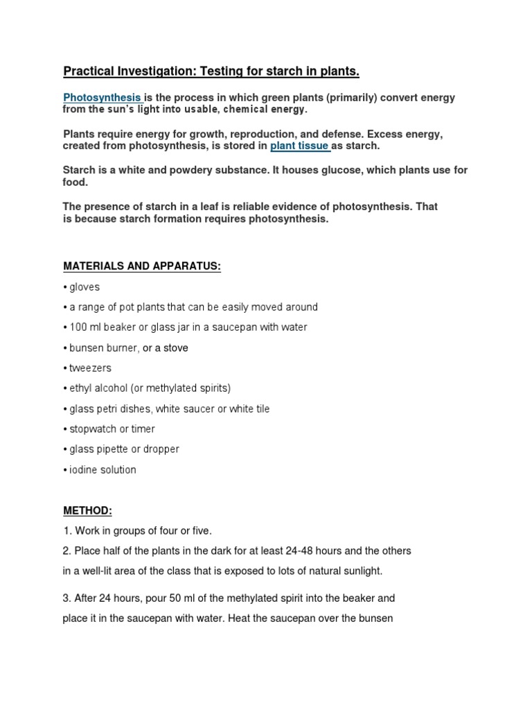 Practical Investigation - Handout | PDF | Starch | Chloroplast Practical Investigation - Handout | PDF | Starch | Chloroplast