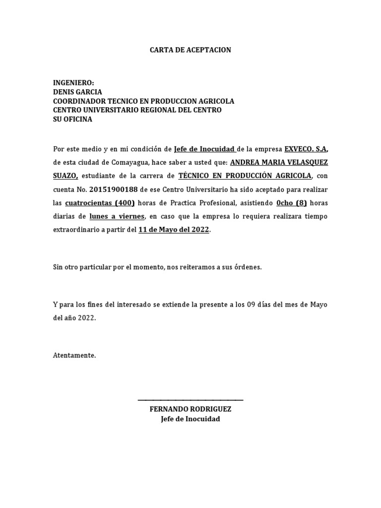 CARTA DE ACEPTACION de EMPRESA | PDF