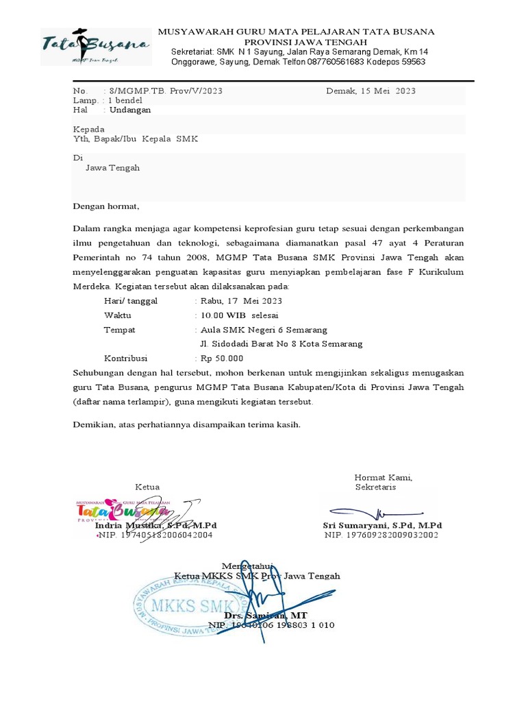 UNDANGAN Pengurus MGMP Di Semarang - Rev | PDF