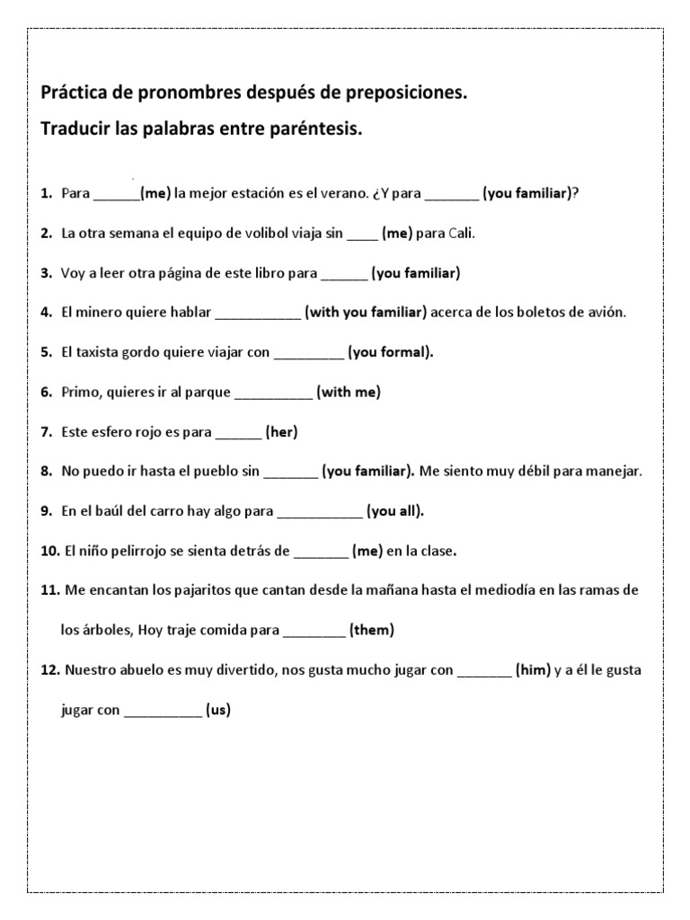 Práctica de Pronombres Después de Preposiciones | PDF