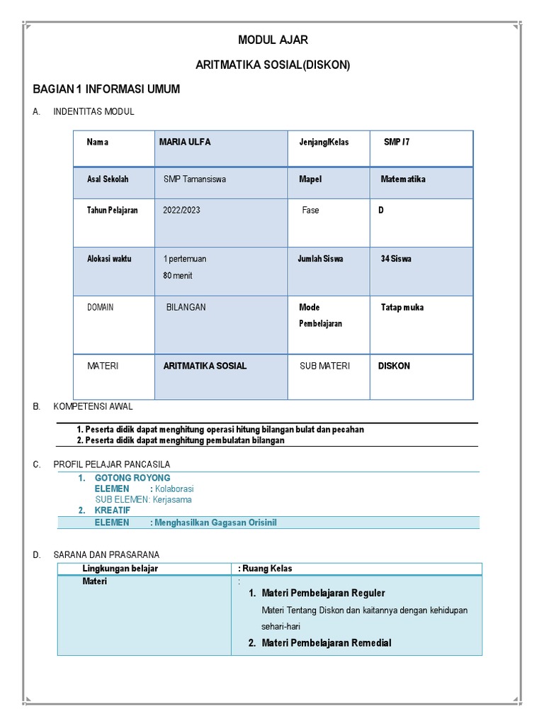 Modul Ajar Aritmatika Sosial Diskon | PDF