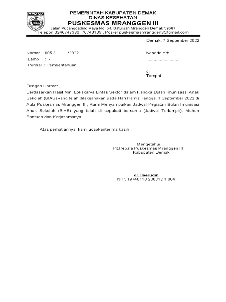 Surat Pemberitahuan - BIAS | PDF