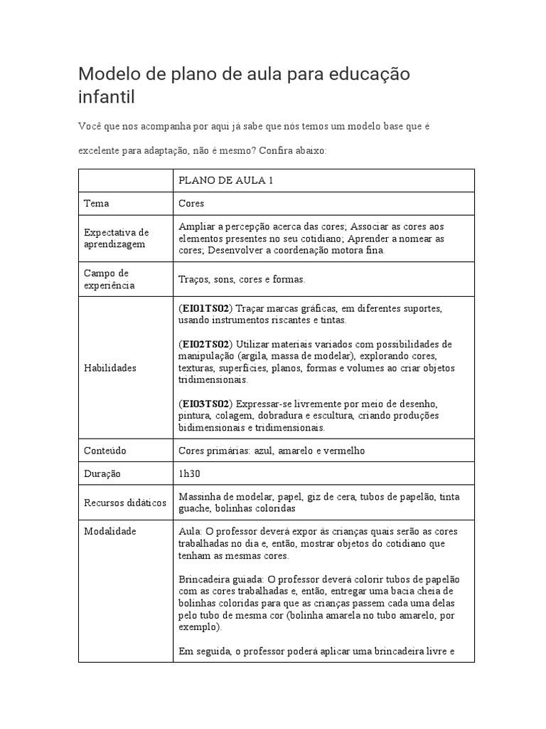 Modelo de Plano de Aula para Educação Infantil | PDF | Cor | Tinta