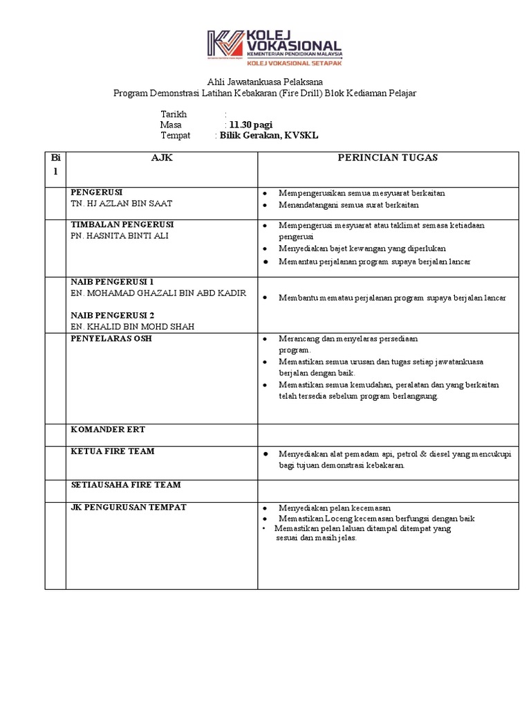 Senarai Tugas Ajk Program Fire Drill 2022 Asrama | PDF