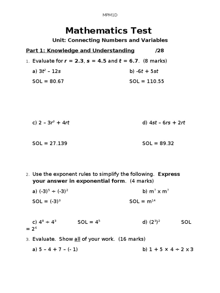 MPM1D Math Test | PDF